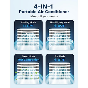 CENSTECH 4-IN-1 Portable Air Conditioners, Evaporative Air Cooler w/4 Modes & 3 Speeds, 15H Timer for Smart Auto-off, 2-Gal Tank for 20H Cooling,17FT Remote,No Hose Needed,120°Oscillating Swamp Cooler