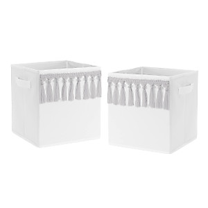 Sweet Jojo Designs Boho Bohemian Foldable Fabric Storage Cube Bins Boxes Organizer Toys Kids Baby Childrens - Set of 2 - Grey White Farmhouse Shabby Chic Designer Modern Minimalist Gray Tassel Neutral
