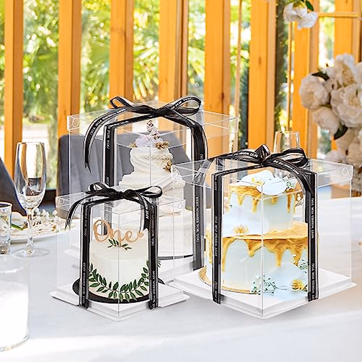 6 Sets Clear Cake Box with Cake Boards Ribbons, 10 Inch 8 Inch 7 Inch Multiple Sizes Transparent Cake Containers Pack Baking Box for Wedding Birthday Anniversary Portable Tall Layer Bakery Box (Black)
