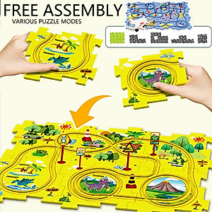 DIY Assembling Electric Trolley, 2024 New Upgrade Toddler Puzzle Track Play Set with Vehicles, Rail Car Building Toys Vehicle & Puzzle Board, Montessori Toys for Kids Ages 3+ (Dinasour)