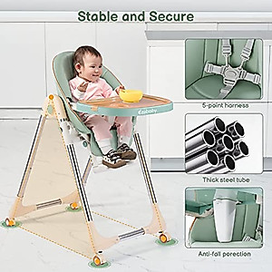 Ezebaby Baby High Chair, Portable High Chair with Adjustable Heigh and Recline, Foldable High Chair for Babies and Toddler with 4 Wheels, High Chair for Toddlers with Removable Tray-(Green)