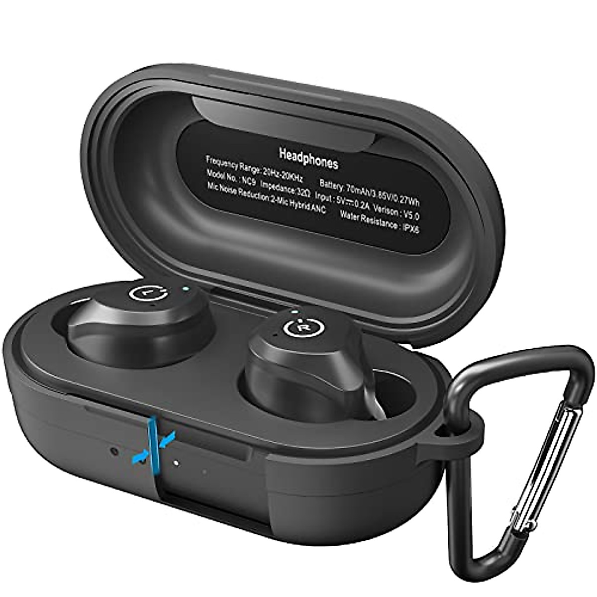 TOZO NC9 Protective Silicone Case Shockproof Soft Skin Cover for TOZO NC9 Earbuds with Front LED Visible and Keychain Black