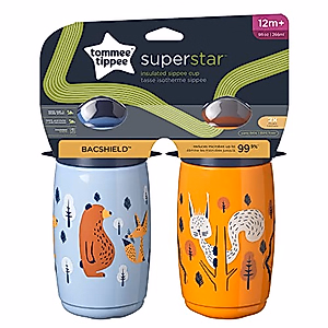 Tommee Tippee Superstar Insulated Toddler Sippy Cup, INTELLIVALVE Leak-Proof & Shake-Proof (9oz, 12+ Months, 2 Count), Orange and Blue