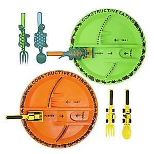 Constructive Eating Made in USA Construction and Dinosaur Combo with 2 Utensil Sets and 2 Plates for Toddlers, Infants, Babies and Kids - Made with Materials Tested for Safety