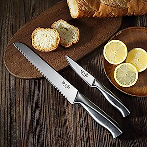 SIXILANG Knife Set, 8 Piece German Stainless Steel Hollow Handle Manual Knife Sharpener Forged Kitchen Knives Set with Oak Wooden Block Gift