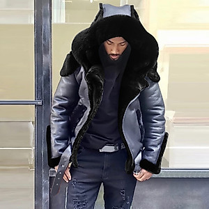WOSJKDJ Heavyweight Leather Jacket Men Hood Warm Faux Leather PU Winter Coat Pocket Belted Fur Lined Motorcycle Biker Jackets