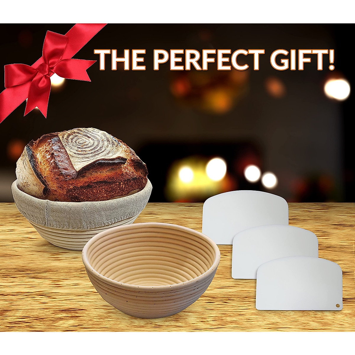 Bread Banneton Proofing Basket [Set of 2] Round 9” Inch Bread Proofing Baskets for Sourdough, Prooving Bowl Gift for Bakers, Includes Linen Liner, Plastic Scraper (pack of 3)