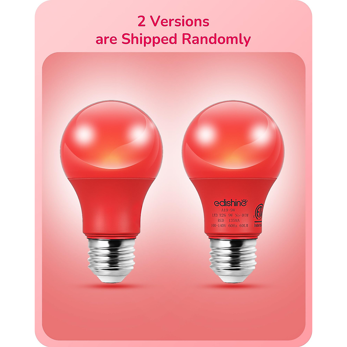 EDISHINE 4 Pack Red Light Bulbs, A19 LED Light Bulb 60W Equivalent, E26 Medium Base, 9W, Red Lights for Bedroom, Christmas Decoration, Porch, Garden, Home Lighting, Non-dimmable, ETL Listed
