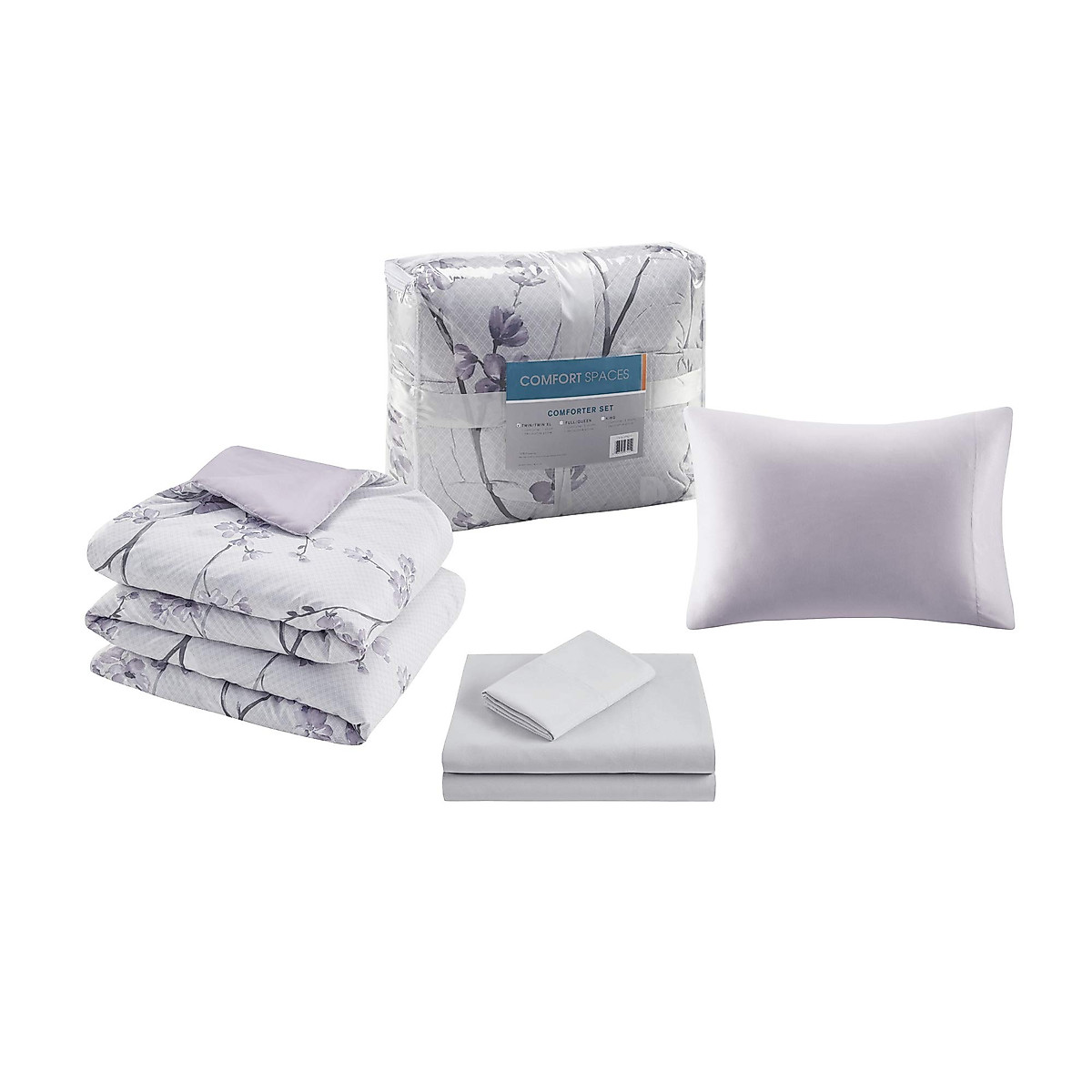 Comfort Spaces Bed in A Bag - Trendy Casual Design Cozy Comforter with Complete Sheet Set with Side Pocket, All Season Cover, Matching Shams Twin XL(66 in x 90 in), Kate, Grey/Purple 6 Piece