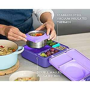 OmieBox Deluxe Bundle Set - Insulated Bento Lunch Box With Thermos PLUS Reusable Fork and Spoon with Case - (Purple)