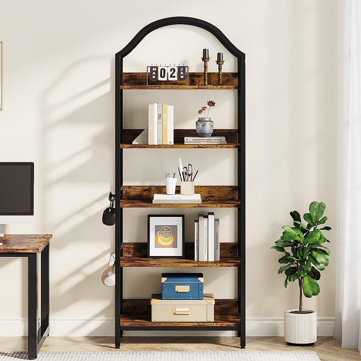 Tribesigns 5-Tier Bookshelf, 73" Tall Arched Bookcase, Industrial Wood Storage Rack Open Shelves with 4 Hooks, Modern Standing Bookshelves Metal Frame Display Rack for Home Office, Brown, 1 Pc