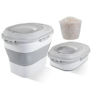 SUT Gray Rice Food Storage Containers, Collapsible 20 to 50 Lbs Large Sealed Grain Container Storage, Airtight Dispenser Bin with Rolling Wheel and Locking Lid, Pet Food Container For Kitchen Holder