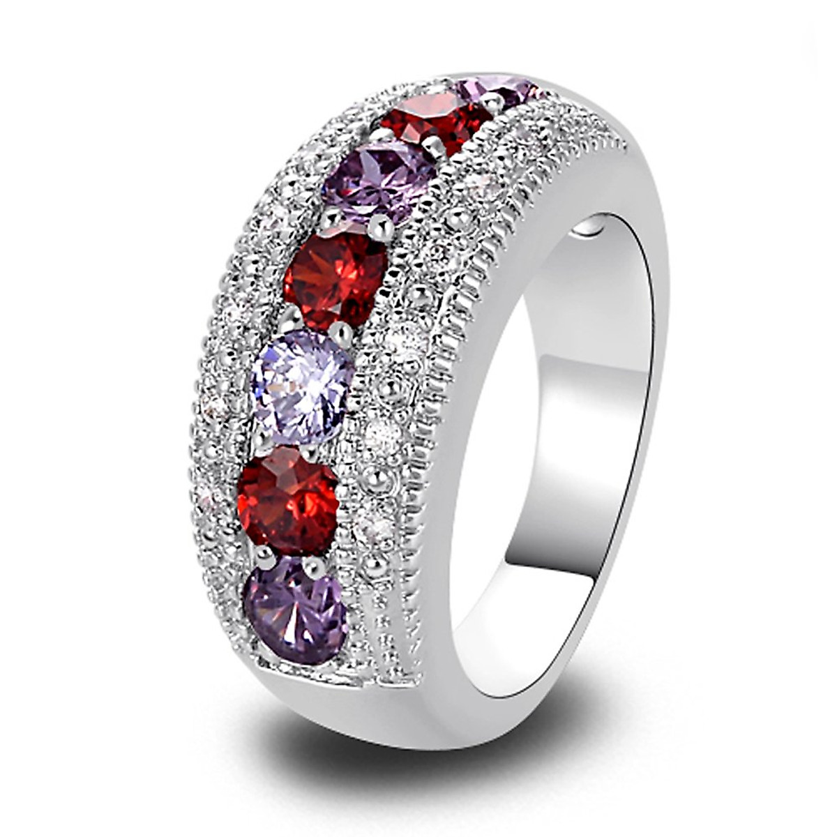 Emsione Women's 925 Sterling Silver Plated Round Created Pink Topaz & Ruby Spinel Vintage Style Ring Band Statement Cocktail Ring Size 10