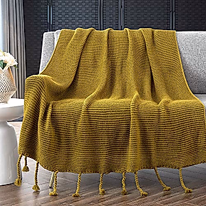 RUDONG M Knitted Throw Blanket with Fringe, Mustard Green Knit Throw Blanket for Couch Bed Sofa 50" x 60"