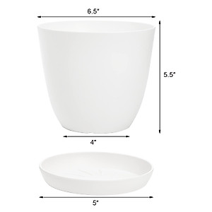 Elsjoy Set of 10 Plastic Planter Pots with Drainage Hole and Saucer, 6.5 Inch White Flower Pot Decorative Succulent Plant Pots for House Plants, Garden, Indoor & Outdoor