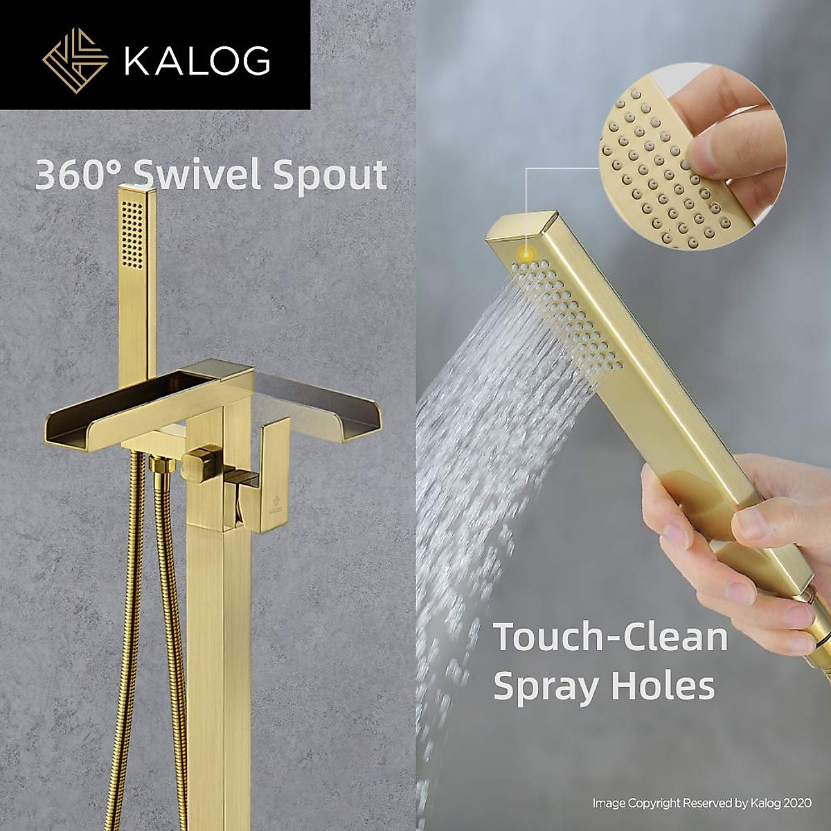 KALOG Waterfall Model Single Handle Freestanding Tub Filler Floor Mount Bathtub Faucet with Square Handheld Shower (Brushed Gold-D)