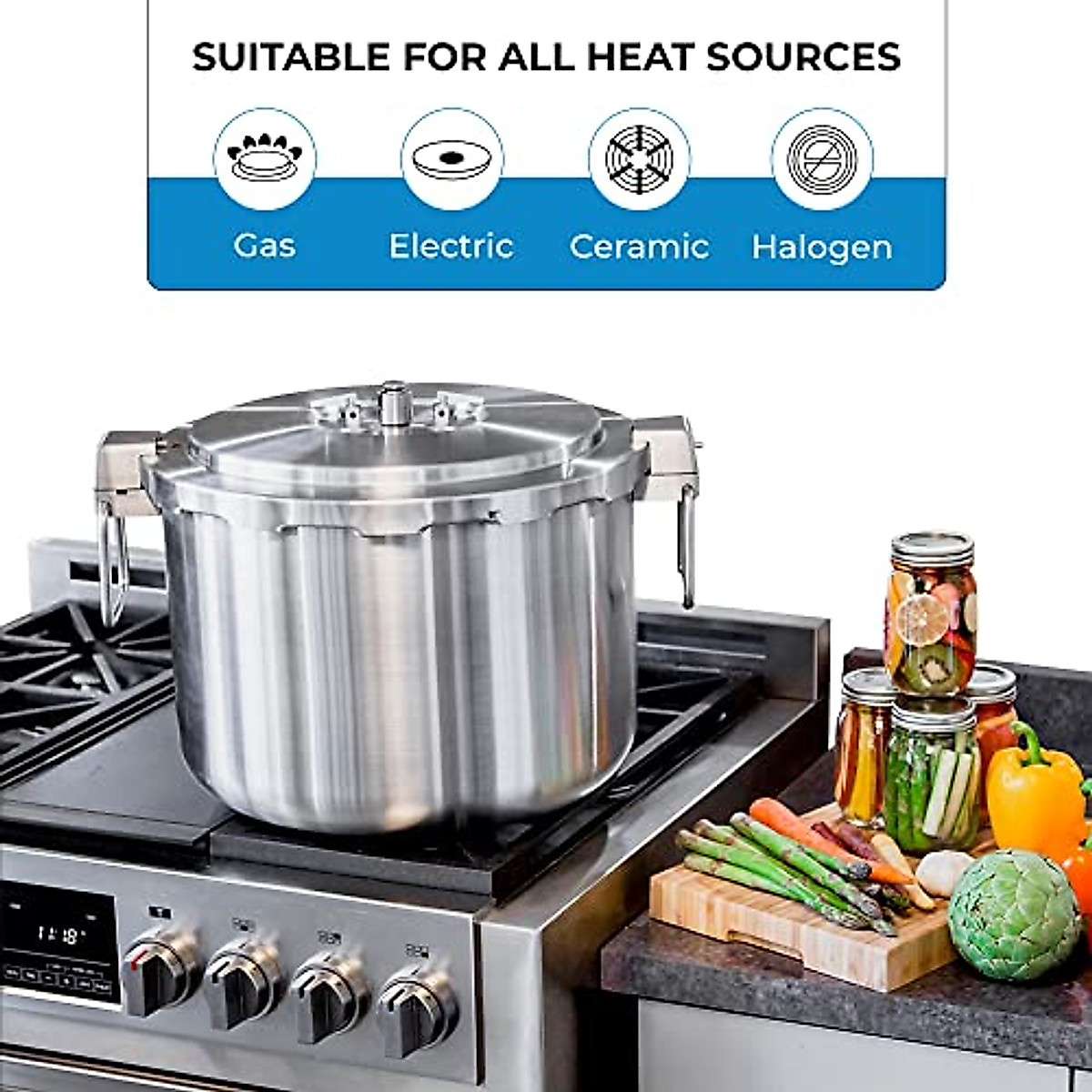 Buffalo 37 Quart Stainless Steel Pressure Cooker Extra Large Canning Pot with Rack and Lid for Home, Commercial Use - Easy to Clean Stove Top Pressure Canner, Can Cooker - SG Certificate QCP435