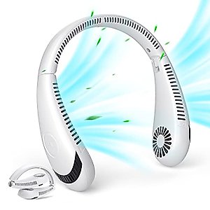 SKD RV Tech Portable Neck Fan, 5000mAh Foldable Personal Fan, Up to 12 Hours Hands-Free Bladeless Fan, Adjustable Portable Fan with USB Charging 3 Speeds for Kitchen, Office, Outdoor - White