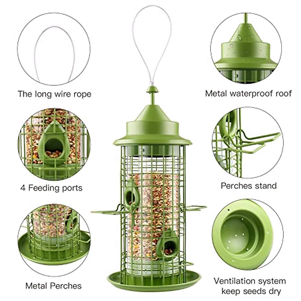 Decflow Bird Feeder, Wild Metal Bird Feeders for Outside with 4 Feeding Ports, Not 100% Squirrel Proof Hanging Birds Feeders and Garden Decoration Yard for Bird Watchers, 3.4-Pound Seed Capacity.