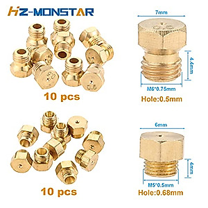 HZ-MONSTAR Replacement for Propane Lpg Gas Pipe Water Heater DIY Burner Parts, Brass Jet Nozzles M5x0.5mm/0.68mm (10pcs) and M6x0.75mm/0.5mm (10Pcs)