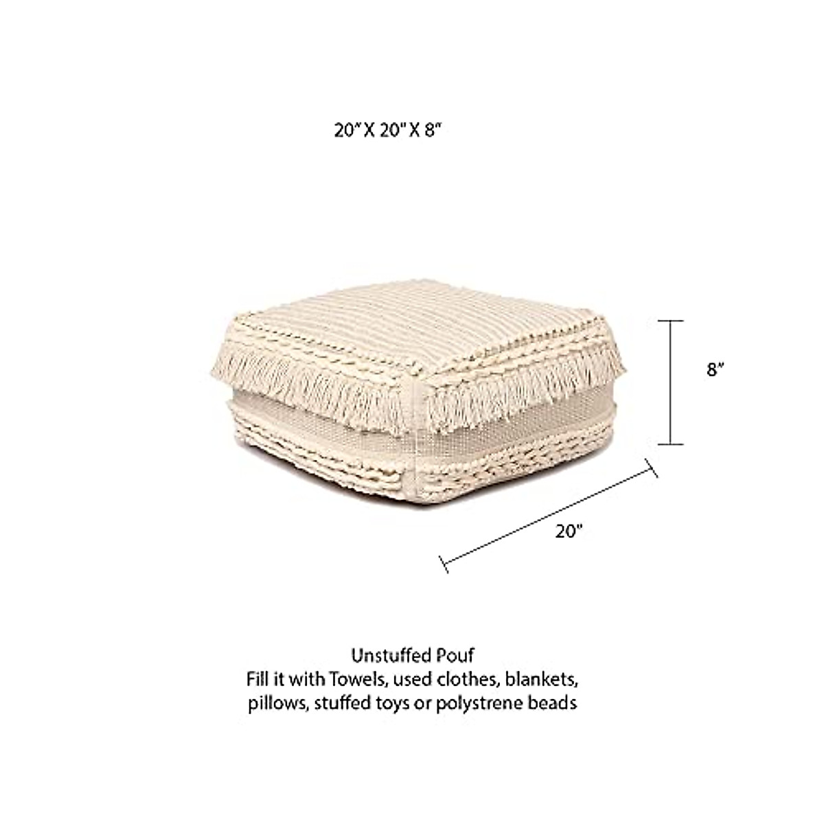 REDEARTH UNSTUFFED Pouf Ottoman Cover Textured Storage Cube Boho Bean Bag Footrest Stool for Living Room, Bedroom,Nursery,Farmhouse,Kidsroom, Patio, Gym; 100% Cotton (20"X20"X8"; Natural)