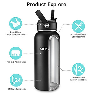 Insulated Water Bottle With Straw 32oz, Sports Water Bottle 1 Liter, Reusable Wide Mouth Vacuum 18/8 Stainless Steel Thermos Flask, Double Wall, BPA-Free (black, 32oz)