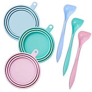 WAFJAMF Silicone Pet Can Covers,Dog Cat Food Can Lids and Spoons,Universal BPA Free,Fit Multiple Sizes Dishwasher Safe-3Pack