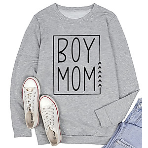 Boy Mom Sweatshirt for Women Casual Fall Winter Long Sleeve Pullover Tops Funny Letter Print Boy Mama T Shirt (M, Gray)