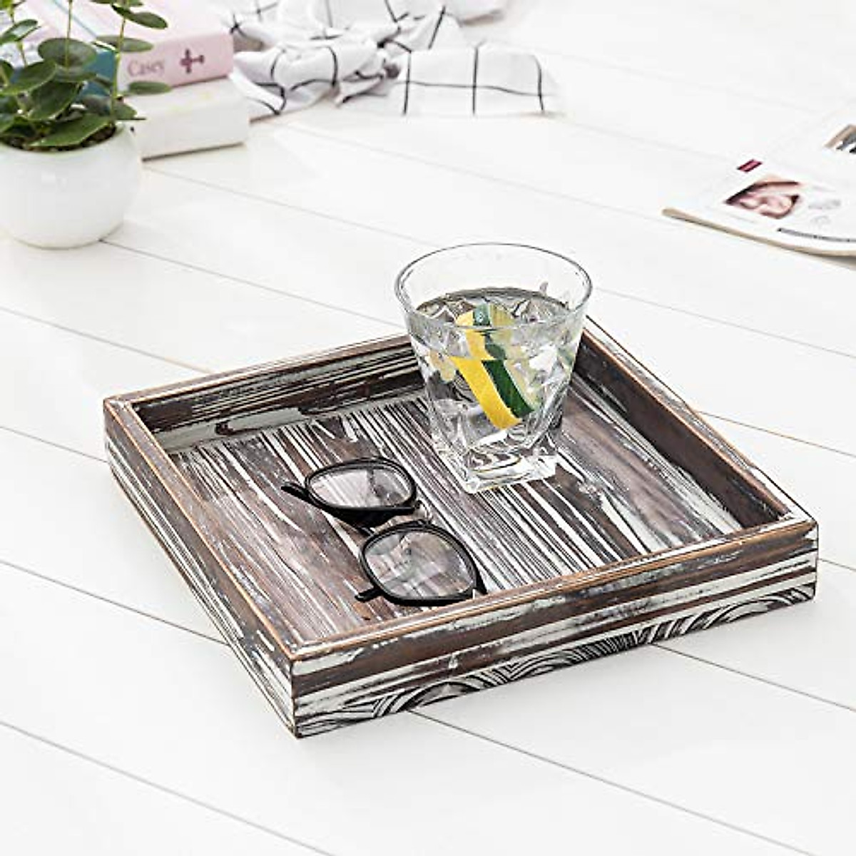 MyGift Rustic Solid Torched Wood Decorative Serving Tray, 10 Inch Square Versatile Breakfast Ottoman Coffee Table Tray Spring Tray Home Decor