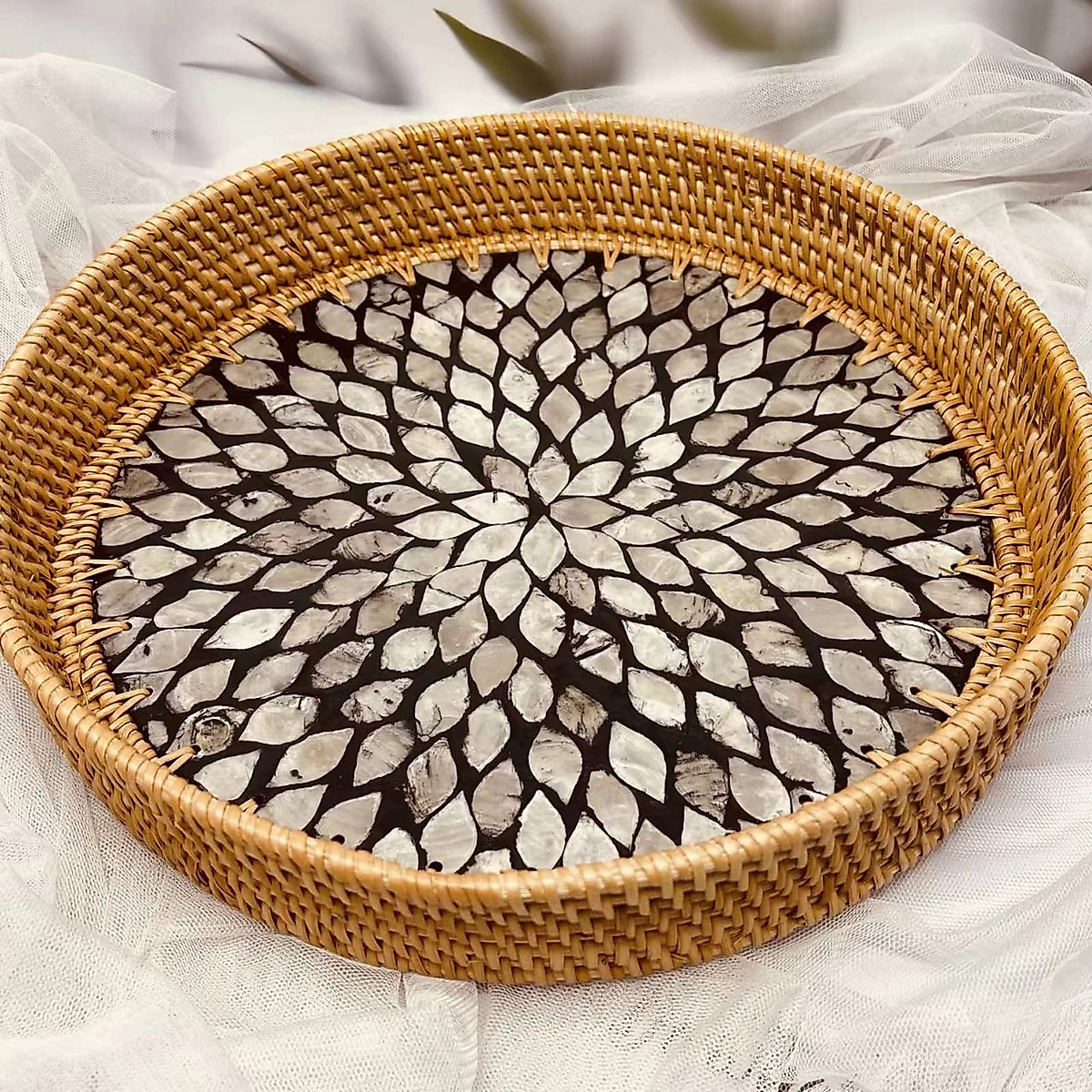 13 Inch Rattan Serving Basket with Shine MOP Black Flat Bottom, Handmade Wicker Coffee Table Serving Tray Décor Circle with 2 Inch Wall, Boho Round Woven Basket Tray for Ottoman, Vanity, Exxacttorch
