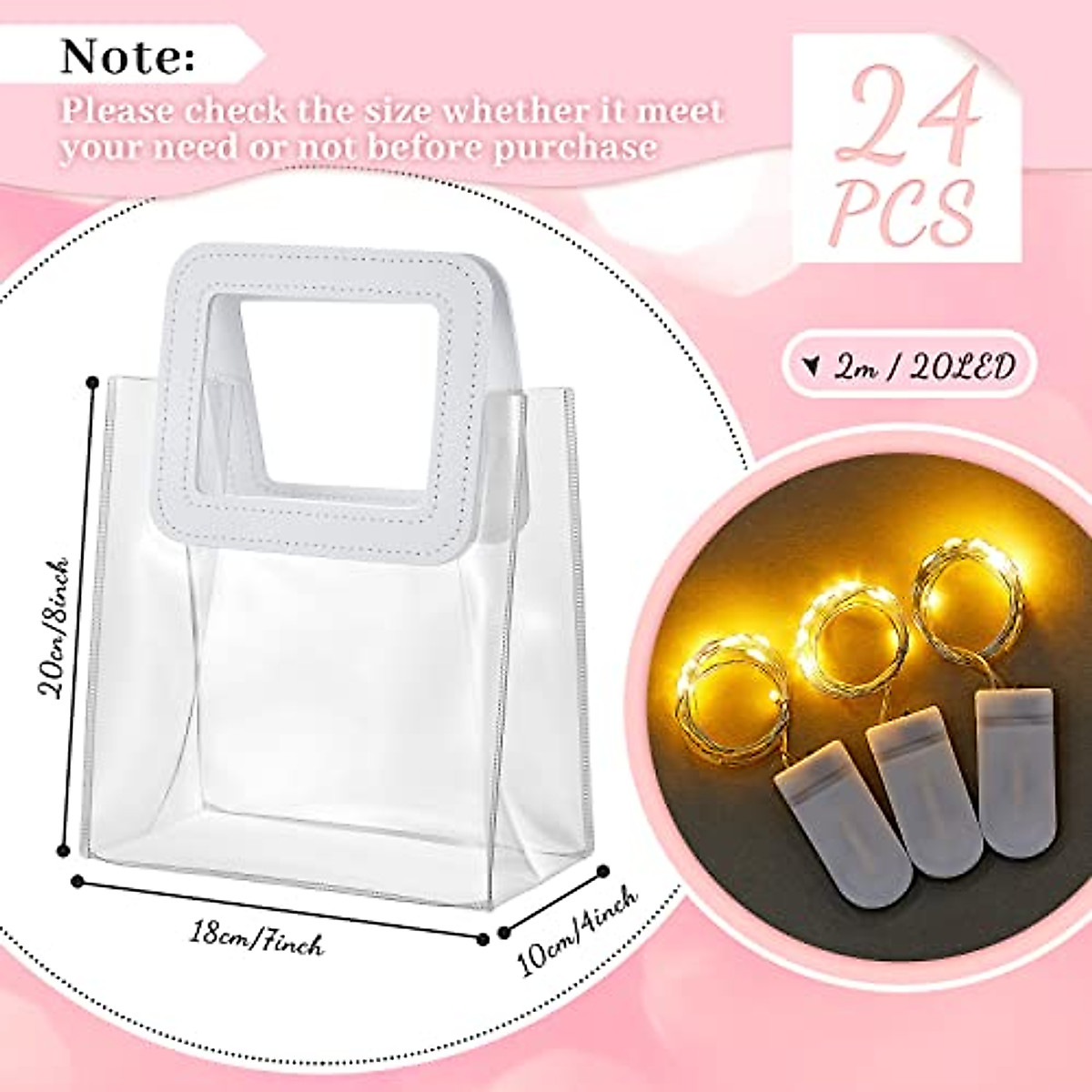 48 Pcs Clear Gift Bags and LED Light Set for Favors, PVC Gift Bag, Reusable Transparent Gift Wrap Bag with Handle, Heavy Duty Tote Bags for Baby Shower Wedding Birthday, 7 x 4 x 8 Inches