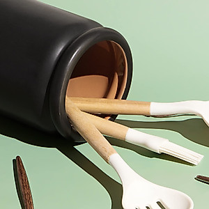 LIFVER Kitchen Utensil Holder, Heavy Ceramic Utensil Crock, 6.5" Cooking Utensil Holder, Utensil Organizer for Countertop, Kitchen Gifts, Farmhouse Kitchen Decor, Scratch Cork Bottom, Black