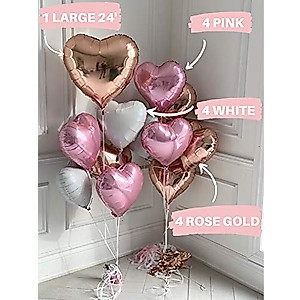 Pastel Heart Balloons 12 PACK Pink Valentines Day Heart Shaped Decorations Rose Gold Mylar Foil Balloon Set