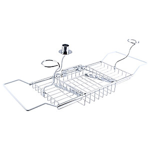 GOTOTOP Stainless Steel Bathtub Caddy Tray Red Wine Rack Holder Over Bath Tub Racks Expandable Shower Bathtub Tray Removable Wine Glass Book Holder