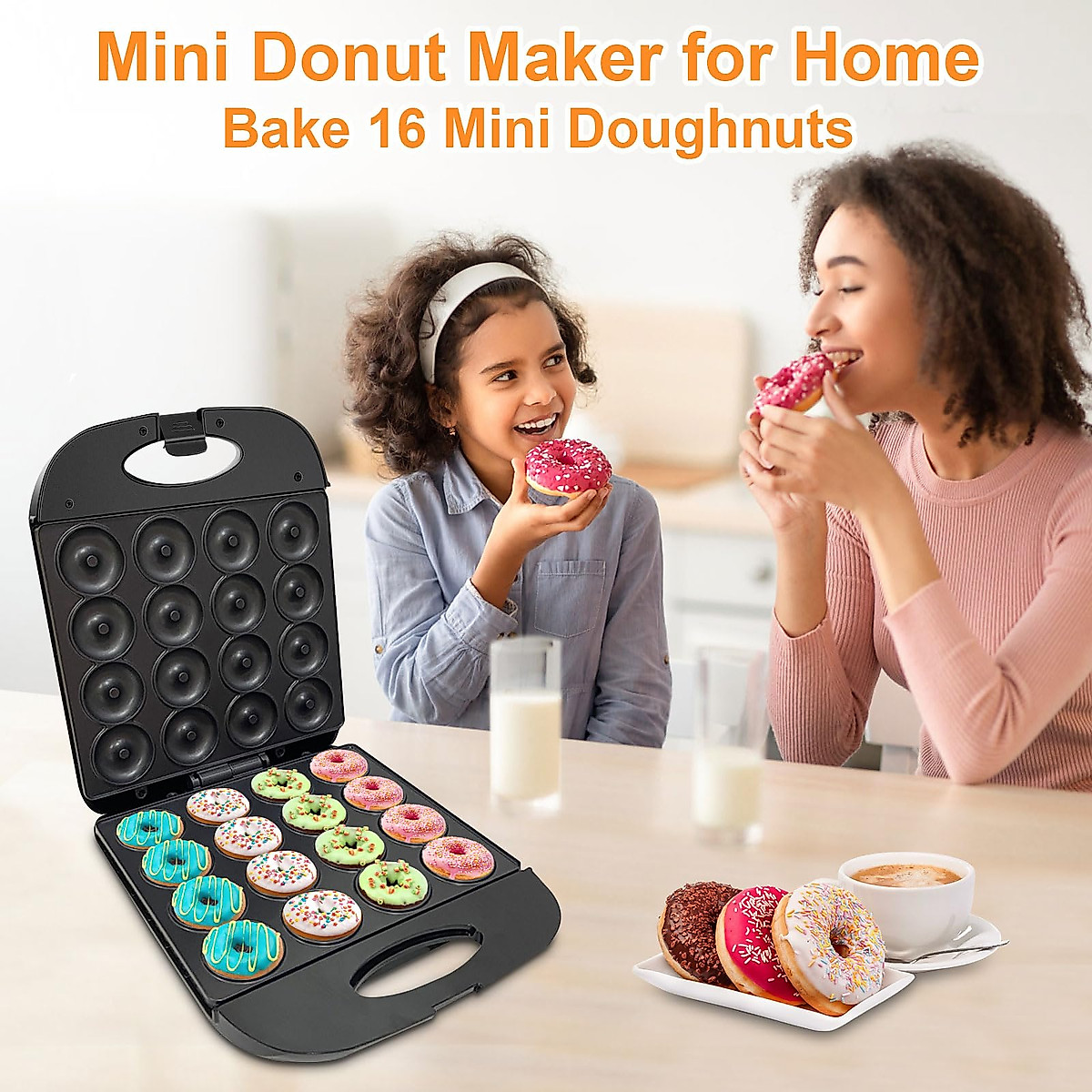 Mini Donut Maker Machine for Home, Kid-Friendly 16-Hole Electric Doughnut and Pancake Maker with Non-Stick Surface, Ideal for Homemade Doughnuts (Black with 1 Pair Mini Oven Gloves & Brush)