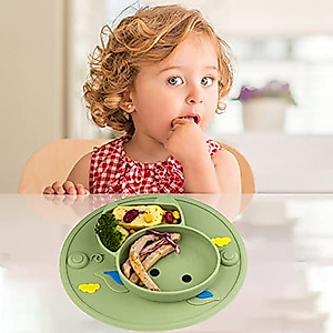 Baby Divided Plate Placemat Silicone- Portable Non Slip Child Feeding Suction Plate for Children Babies and Kids BPA Free Baby Dinner Plate Microwave Dishwasher Safe (Endive)