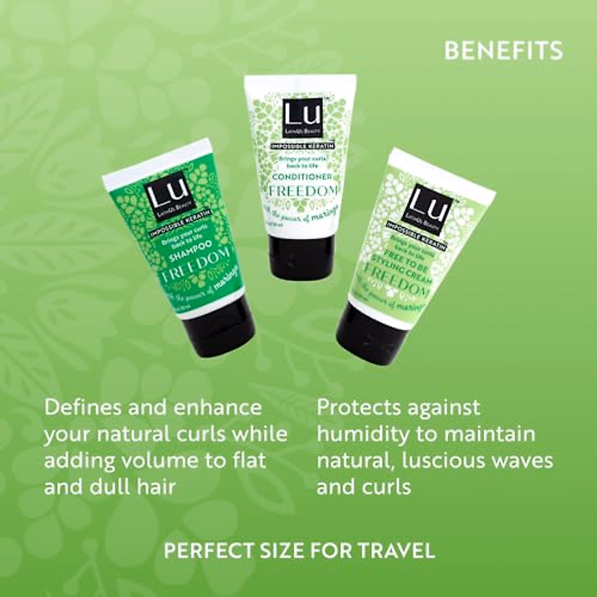 LATINUS BEAUTY FREEDOM Travel Size Collection: Impossible Keratin Anti-Frizz Shampoo + Conditioner + Styling Cream for Curly, Wavy Hair (1 oz bottles)