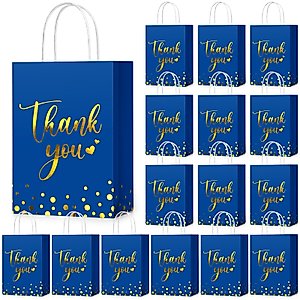 PerKoop 60 Pcs Thank You Gift Bags Bulk Paper Gold Thank You Wedding Bags with Handle for Business, Shopping, Wedding, Baby Shower, Party Favors (Royal Blue)
