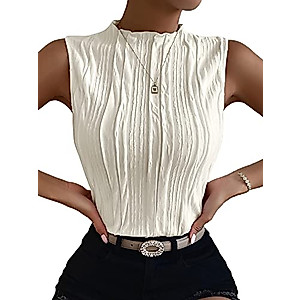 Verdusa Women's Sleeveless Mock Neck Textured Tank Top Beige XS