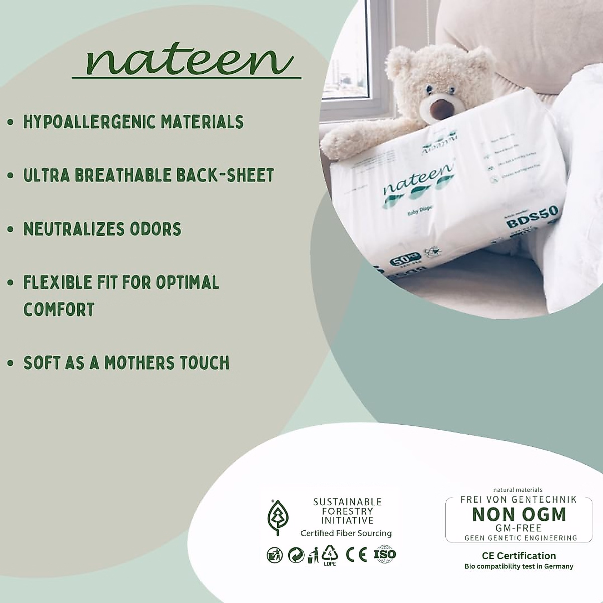 Nateen Premium Baby Diapers with Strong Leak Guard for Overnight Use, Super Absorbent Disposable Diapers, Hypoallergenic with Comfortable Fit, Medium Size, 100 Count