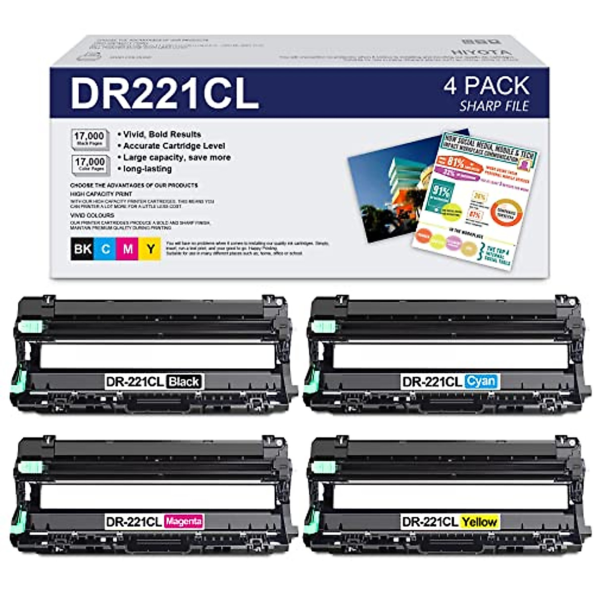 DR-221CL DR221CL Drum Unit Set: HIYOTA DR-221 Drum Unit, 4/Pack DR221CL Compatible Replacement for Brother DR221CL HL-3180CDW 3180CDW MFC-9340CDW DCP-9020CDN Series Printer, 1BK+1C+1M+1Y