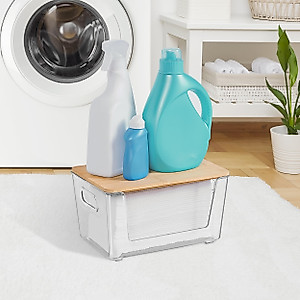 Citylife 2 PCS Small Stackable Storage with Bamboo Top Acrylic Trash Bag Dispenser Open Laundry Room Organizer with Handle