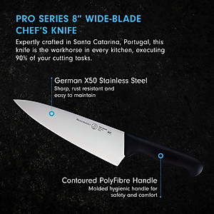 Messermeister Pro Series 8” Wide-Blade Chef’s Knife - German X50 Stainless Steel & NSF-Approved PolyFibre Handle - 15-Degree Edge, Rust Resistant & Easy to Maintain - Made in Portugal