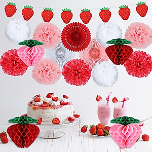 24PCS Strawberry Party Decorations Set Strawberry Honeycomb Balls Fans Lantern Tissue Pom Poms Garland Hanging Swirl Red Pink Banner Girl Baby Shower Bridal Berry First Birthday Decor Supplies