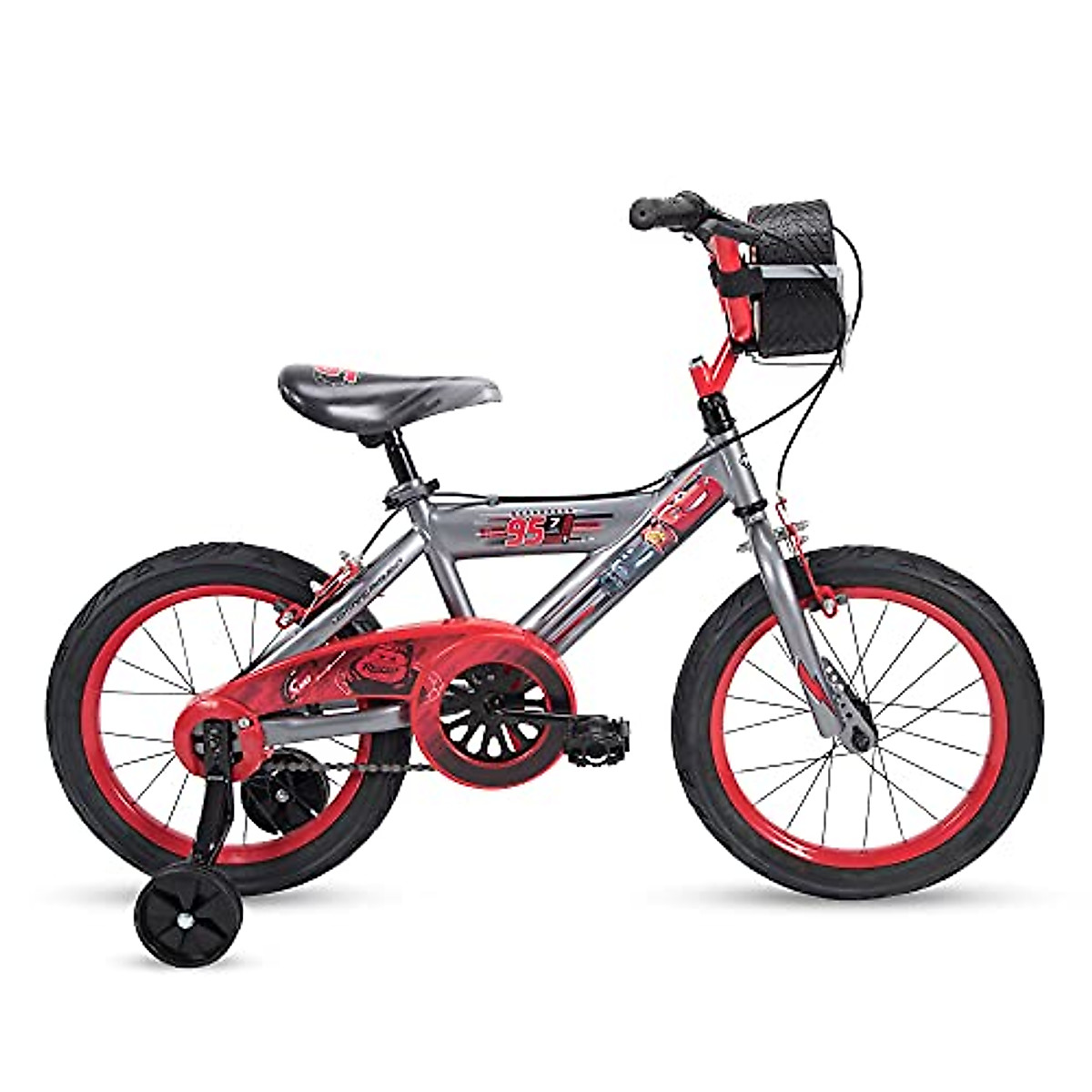 Huffy Disney Cars 16” Kid’s Bike, Quick Connect Assembly, Tire Case Storage & Training Wheels, Gray