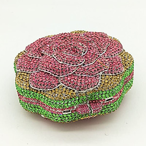 Boutique De FGG Rose Flower Crystal Clutch Women Evening Bags Formal Party Rhinestone Handbag Wedding Bridal Purse (Mini,Pink&Green)