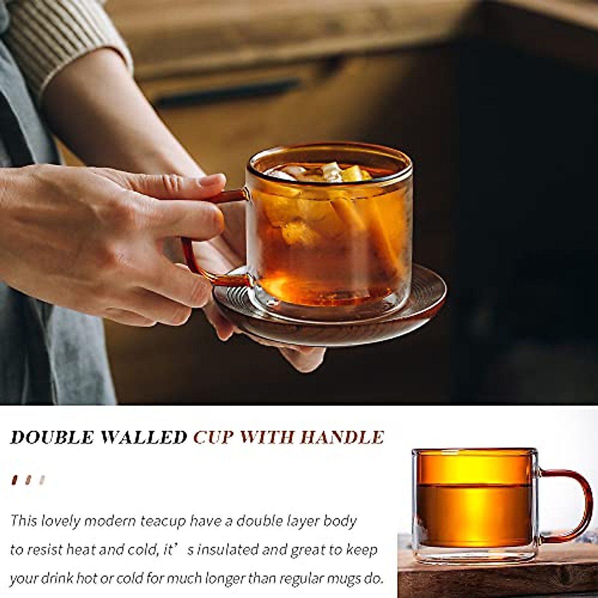 SMALLSHS Clear&Colorful Double Walled Glass Coffee Mug, Insulated Colored Latte Cup with Handle for Hot&Cold Beverages, Clear Thick Tumbler for Home Office Drinking (Clear brown)