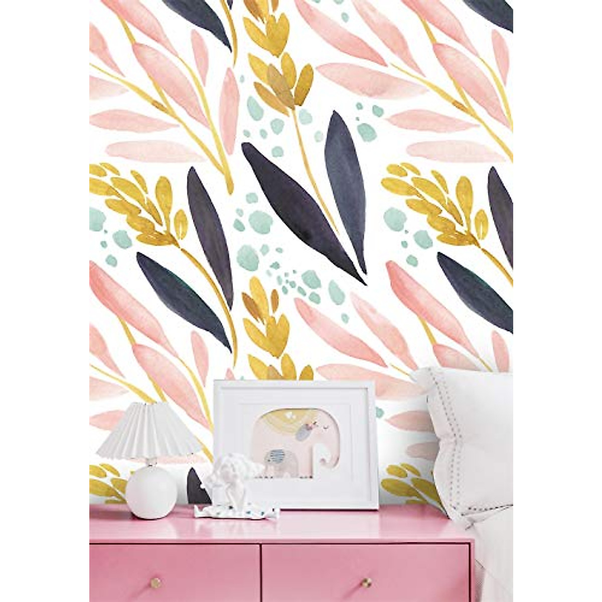 HAOKHOME 93027 Watercolor Forest Peel and Stick Wallpaper Removable White/Pink/Navy/Yellow Floral Vinyl Self Adhesive Shelf Liner 17.7in x 9.8ft