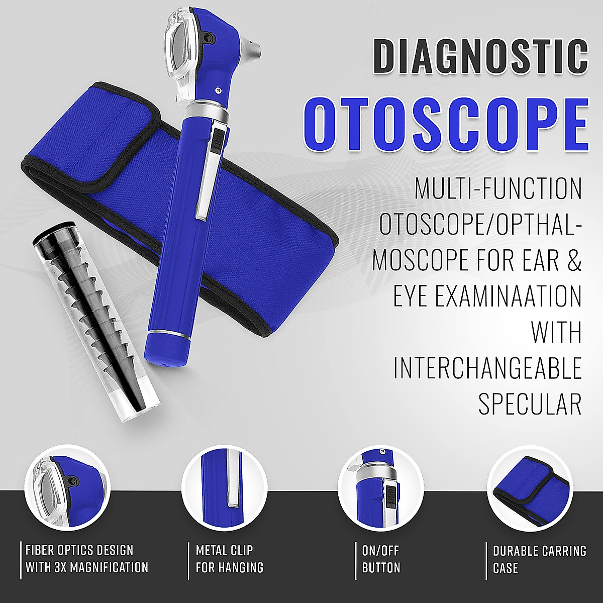 SURGICAL ONLINE Fiber Optic Mini Otoscope Rainbow Many Colors - Pocket Otoscope with Case ENT Diagnostic Set w/Extra Bulb Included (Blue)
