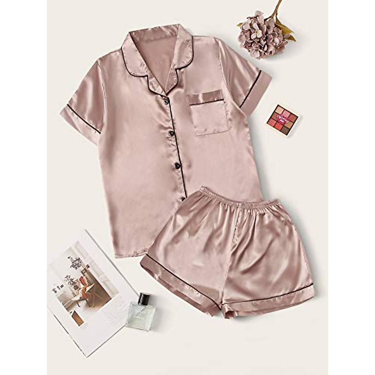 MakeMeChic Women's Satin Sleepwear Button Front Short Sleeve 2 Piece Pajama Set Dusty Pink S